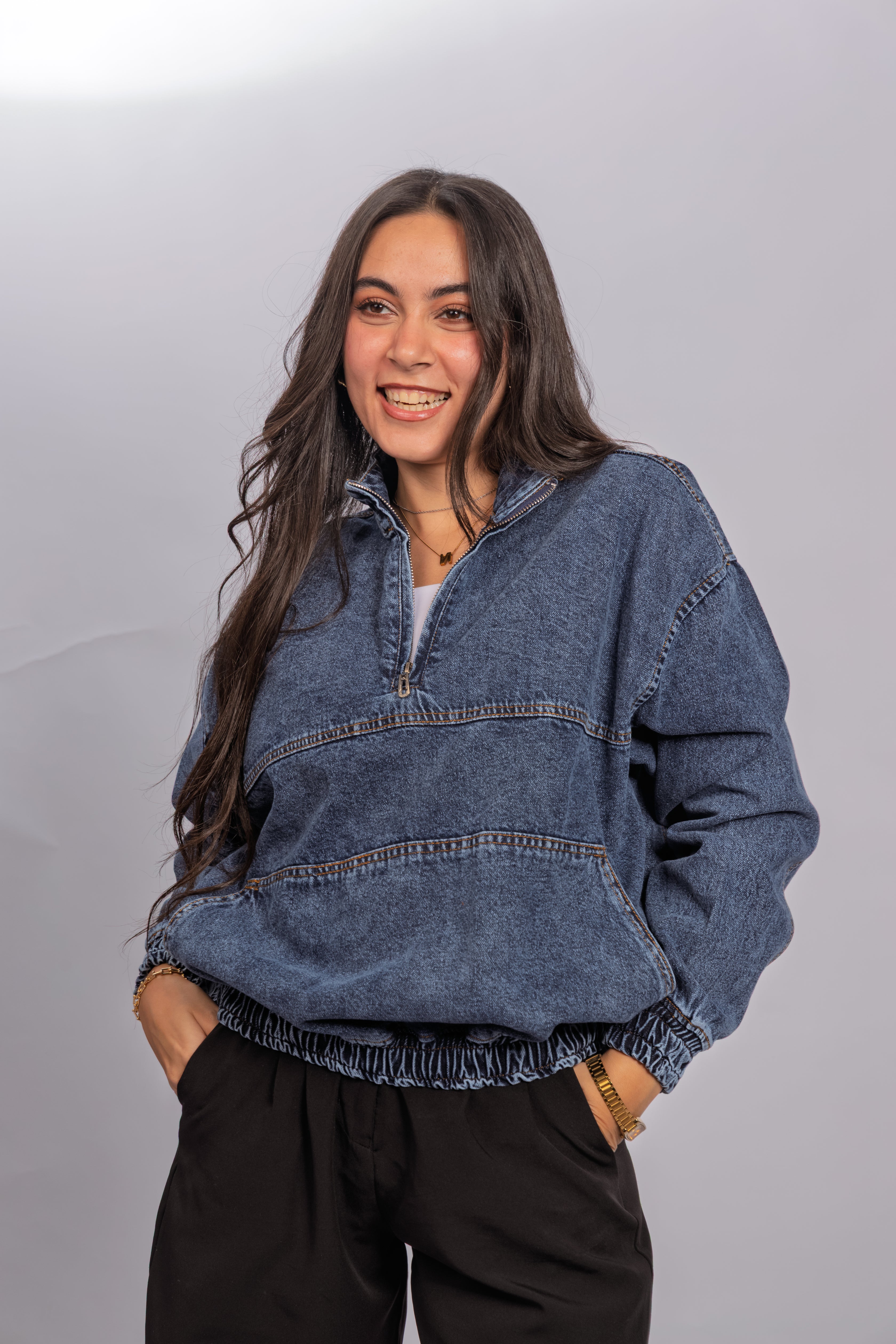 Midblue Denim Half-zip – PinkRose